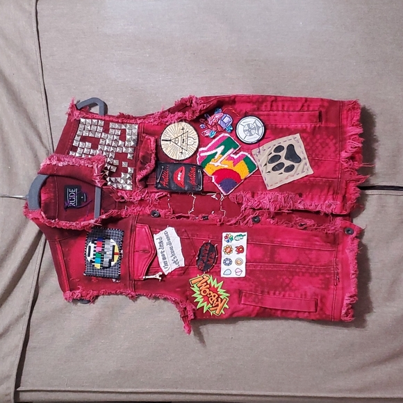 None | Jackets & Coats | Naughty Retro Distressed Red Vest With Patches ...